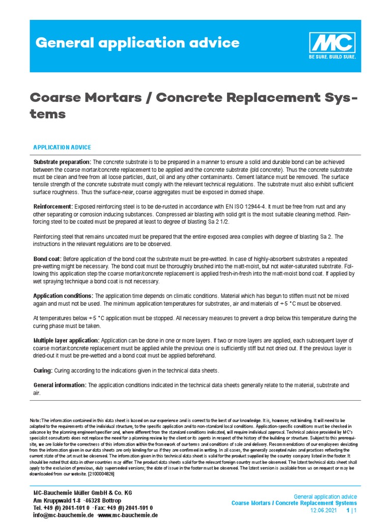 Coarse Mortar Application Guidelines | PDF | Concrete | Chemistry