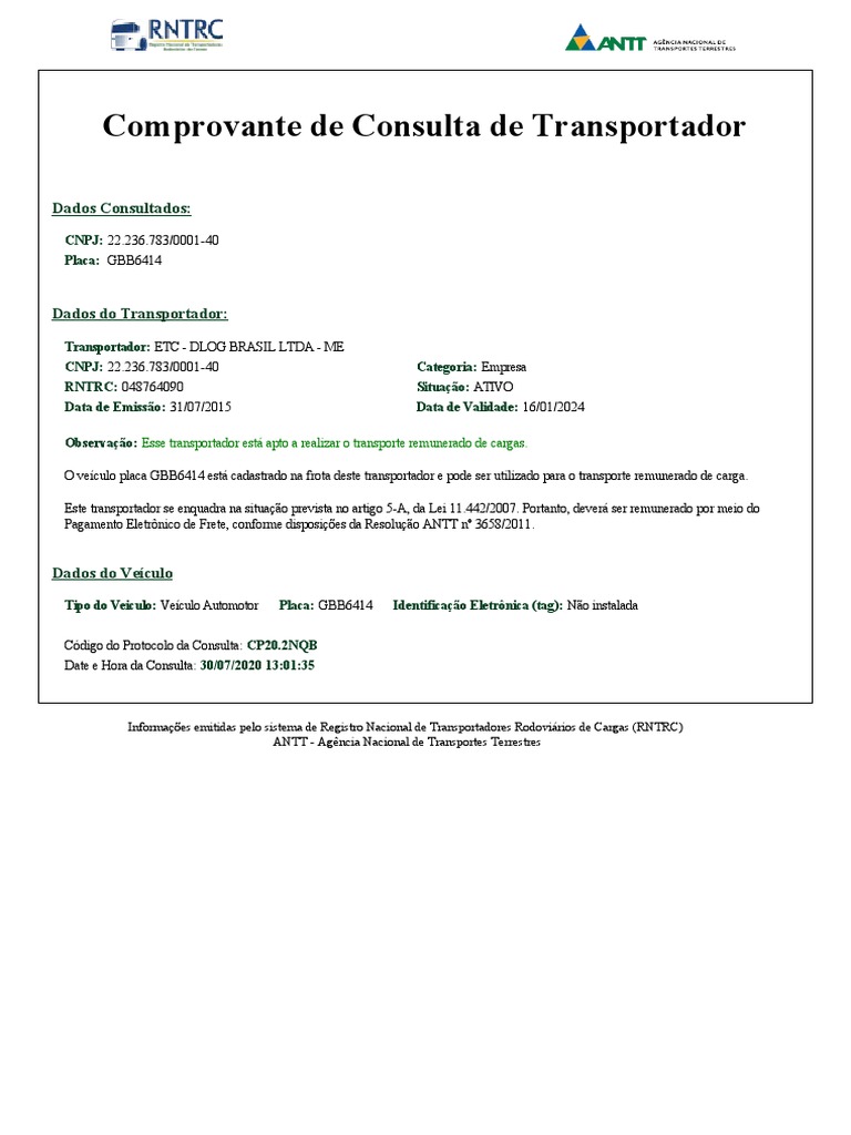 Certificado ANTT - Validade 16 - 01 - 2024 | PDF