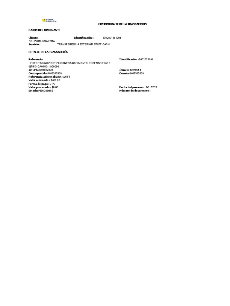 Transacción SWIFT Pendiente 13/01/23 | PDF