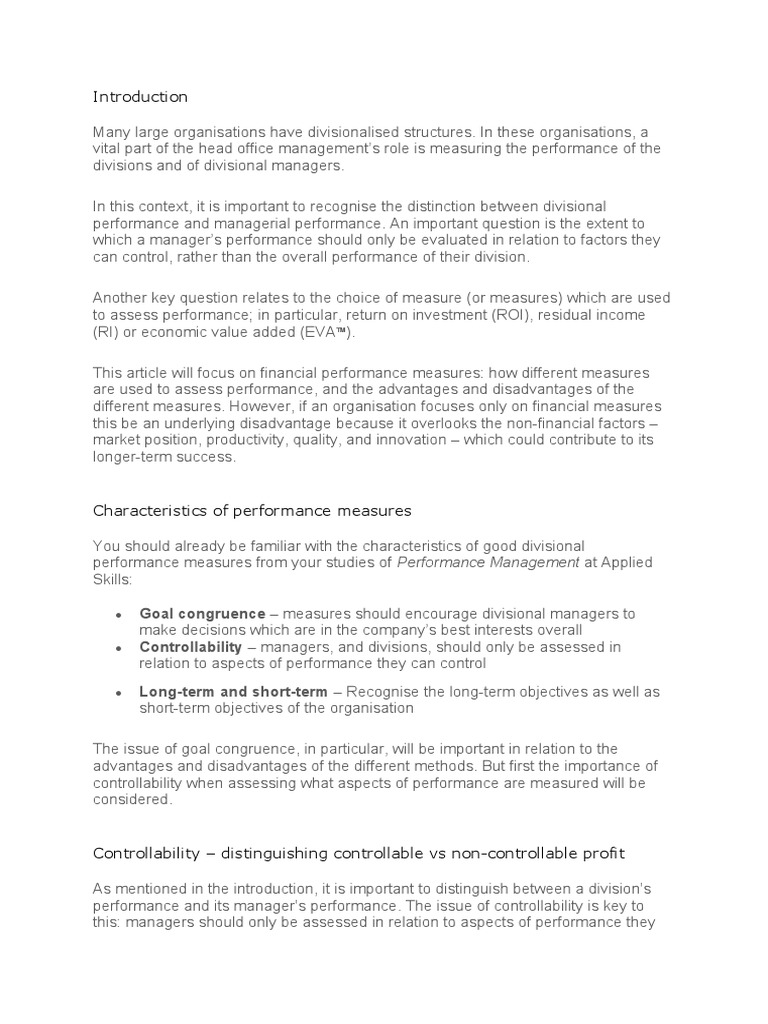 Divisional Performance Measurement Insights | PDF | Return On ...