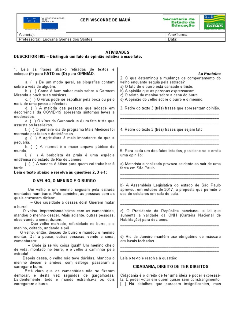 Atividades Sobre Fato e Opinião. | PDF | Energia eólica | Veículo ... Atividades Sobre Fato e Opinião. | PDF | Energia eólica | Veículo ...
