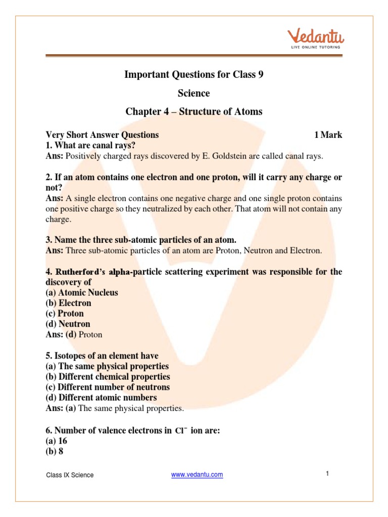 CBSE Class 9 Science Chapter 4 Structure of The Atom Important Questions 2022-23 | PDF | Atoms ...