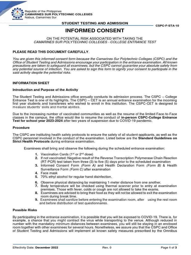 FORM A - Informed-Consent | Download Free PDF | University And College Admission | Informed Consent