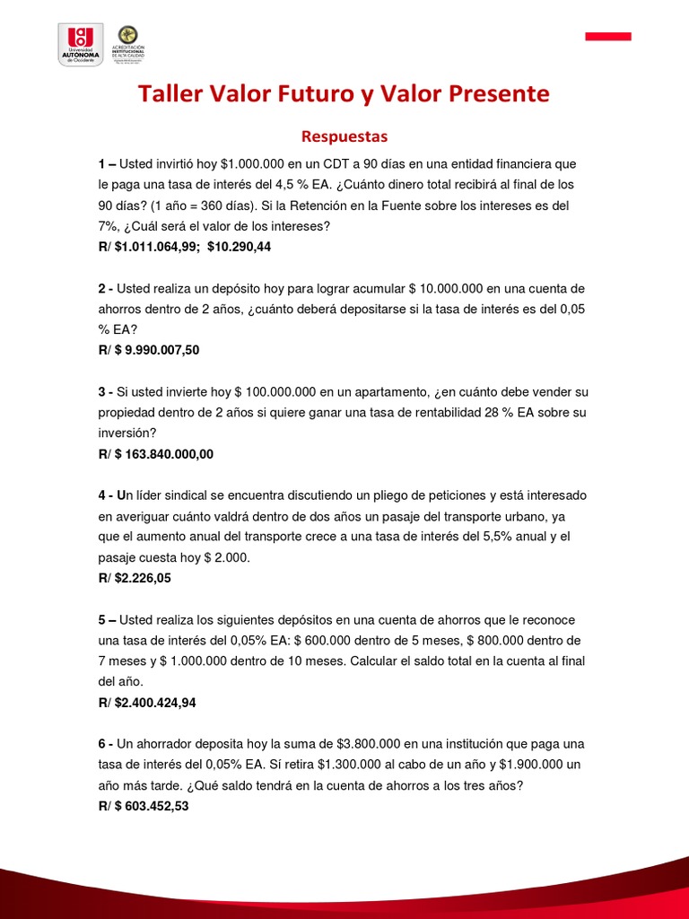 Taller 2. Valor Futuro y Valor Presente | PDF | Tasas de interés | Economias