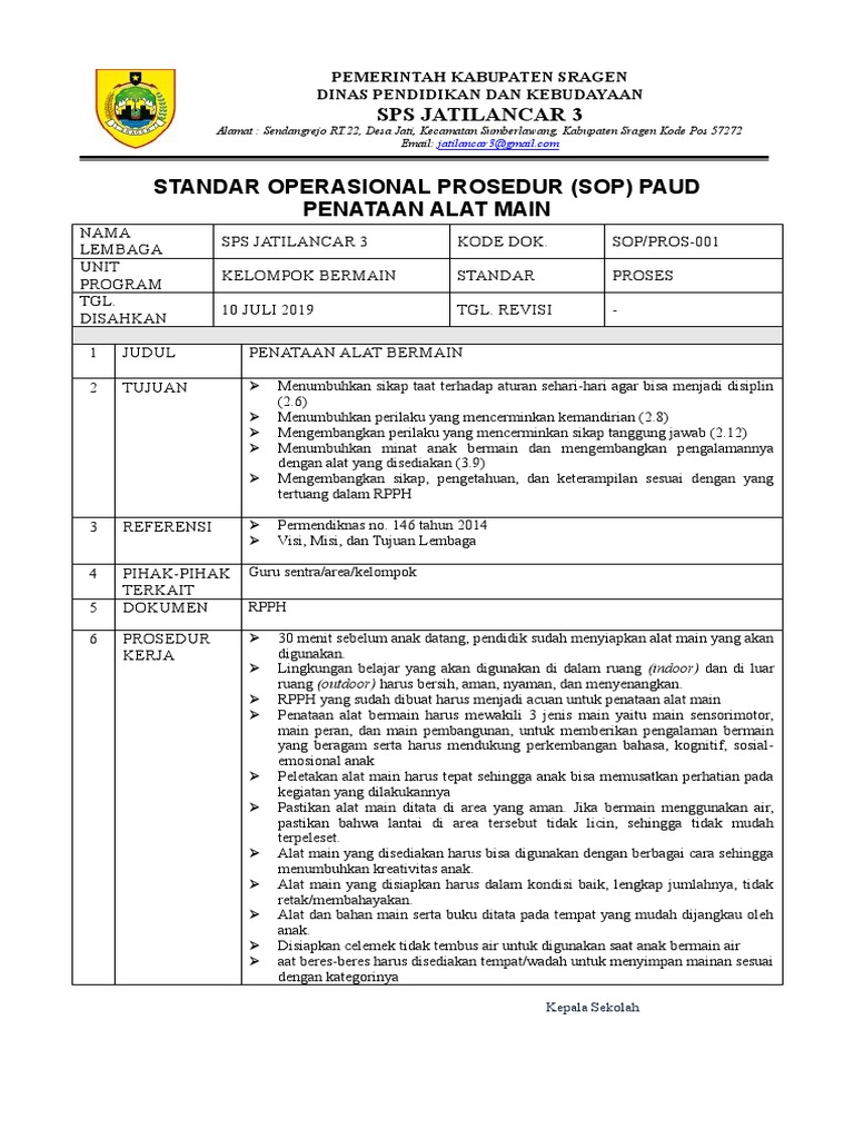 SOP PAUD: Penataan Alat dan Kegiatan | PDF | Kesehatan Holistik