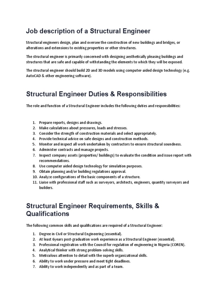 Structural Engineer Job Description & Skills | PDF | Structural Engineering | Engineer