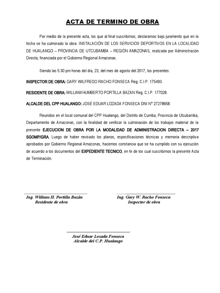Acta de Termino de Obra | PDF