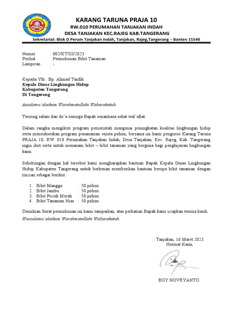 Surat Permohonan Bibit Tanaman | PDF