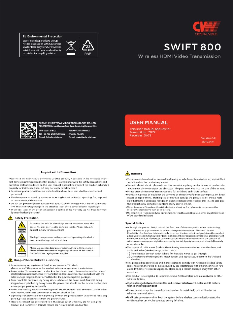 CVW Swift 800 User Manual | PDF | Hdmi | Transmitter