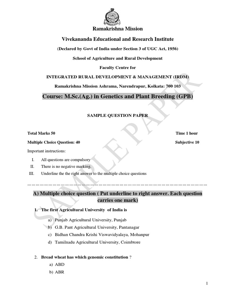 Sample Paper of Genetics and Plant Breeding | PDF