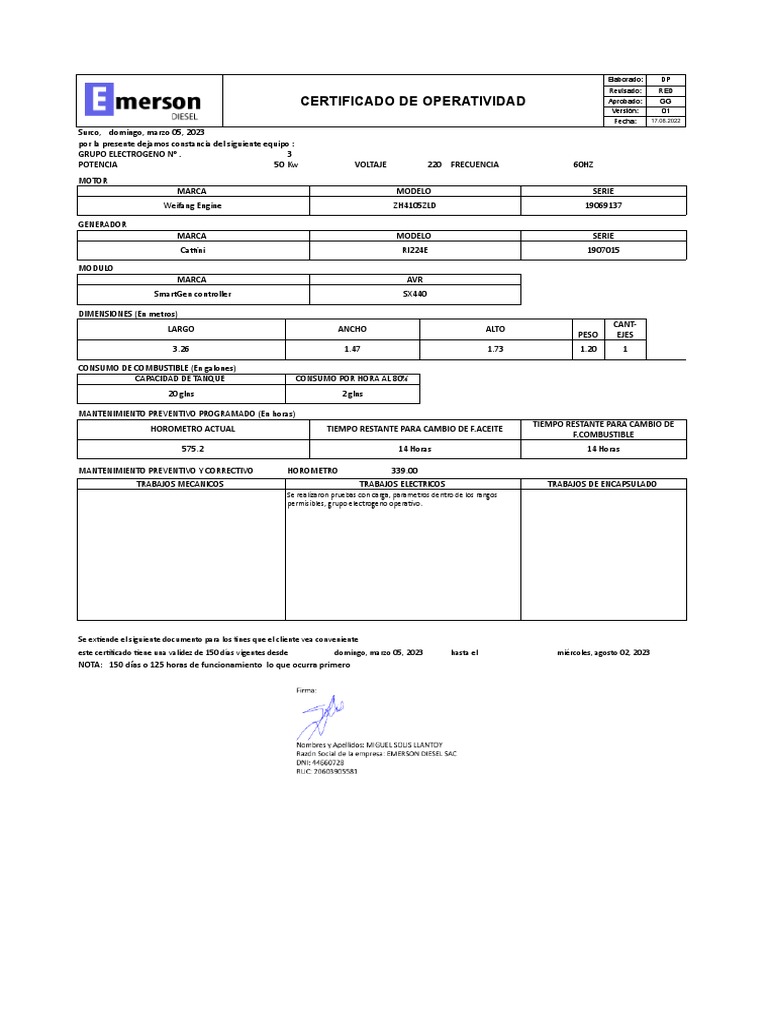CERTIFICADO DE OPERATIVIDAD 65.xlsx - Jy Ascensores | PDF | Vehículos | Bienes manufacturados