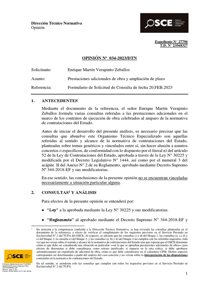 Opinión 034-2023 - ENRIQUE MARTIN VERAPINTO ZEBALLOS - Prestaciones Adicionales de Obra y ...