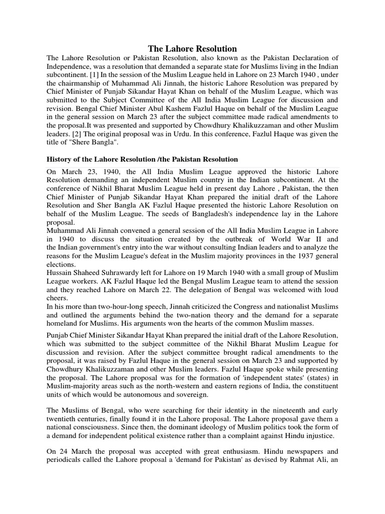 Lahore Resolution | Download Free PDF | All India Muslim League ...