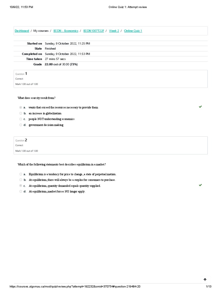 Online Quiz 1 - Attempt Review2 | PDF | Economic Equilibrium | Economic Surplus