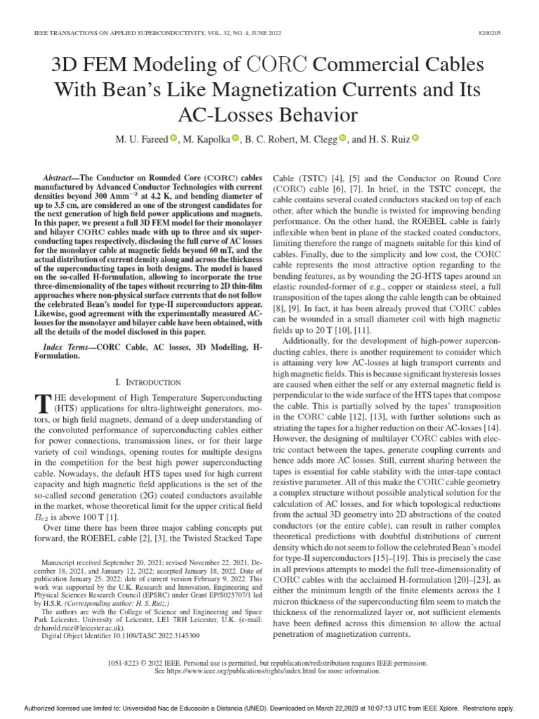 3D FEM Modeling of Mathrm CORC Commercial Cables With Beans Like ...