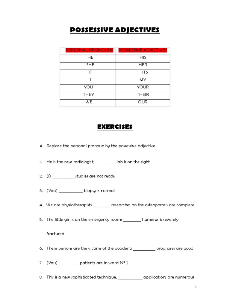 Possessive Adjectives and Object Pronouns | PDF | Emergency Department ...