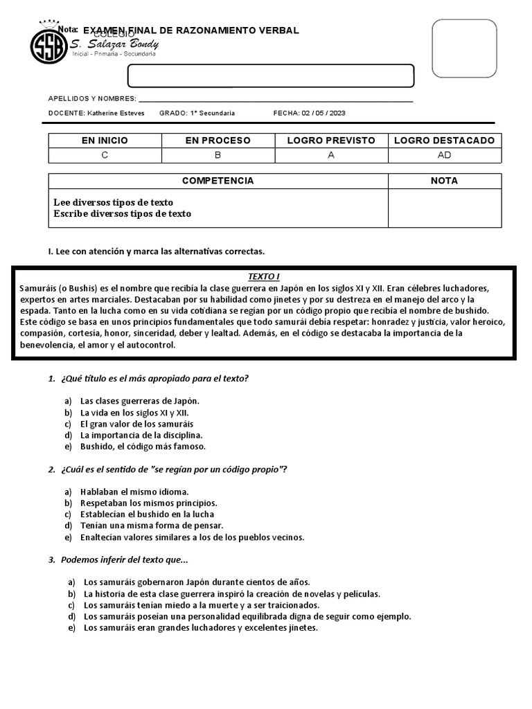 Examen Final de RV 1° Año | PDF | Bushido | Mezquita