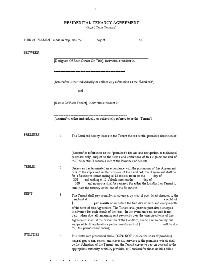 Alberta Residential Tenancy Agreement Form | PDF | Leasehold Estate | Lease