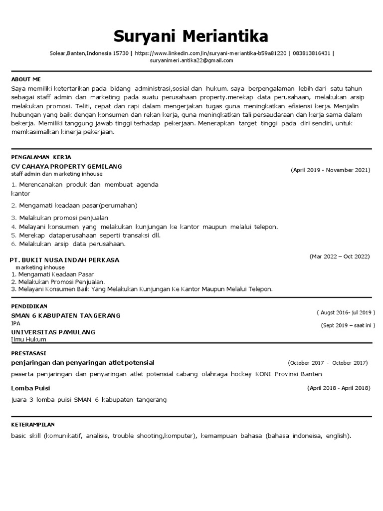 CV LAMARAN PEKERJAAN SURYANI MERIANTIKA | PDF