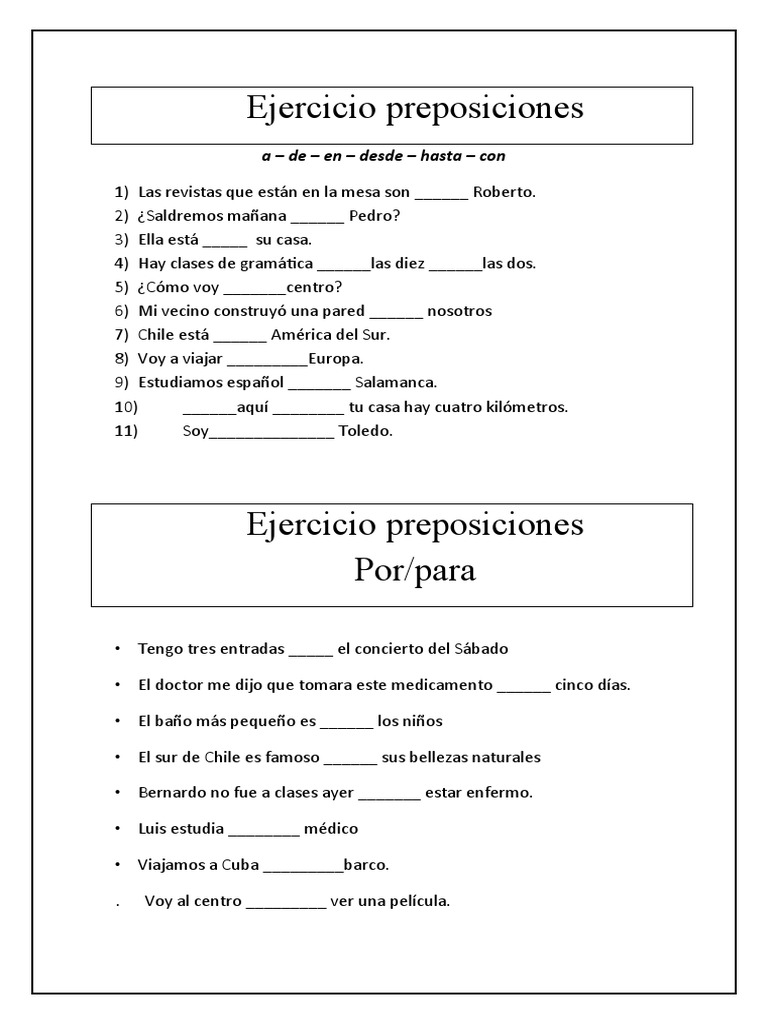 Ejercicio Preposiciones | PDF