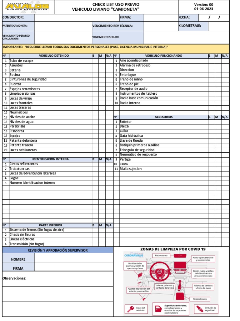 Check List Vehiculo Liviano Rev. 00 | PDF | Tecnologías automotrices ...
