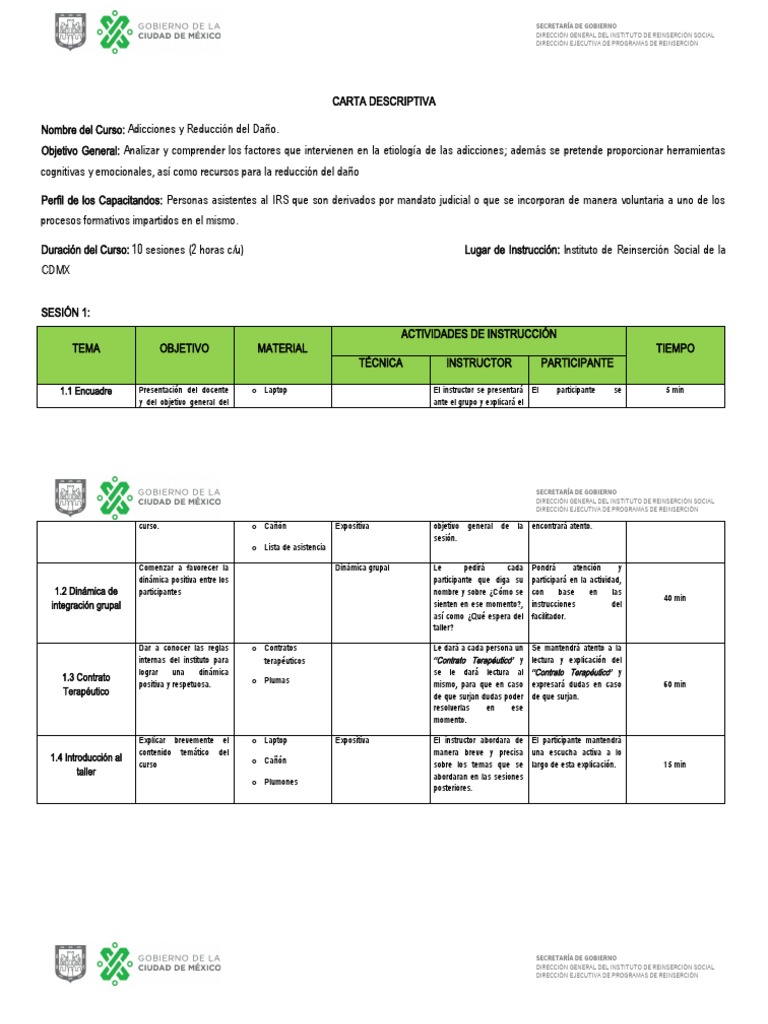 Carta Descriptiva Adicciones y Reducción Del Daño | PDF | La ...