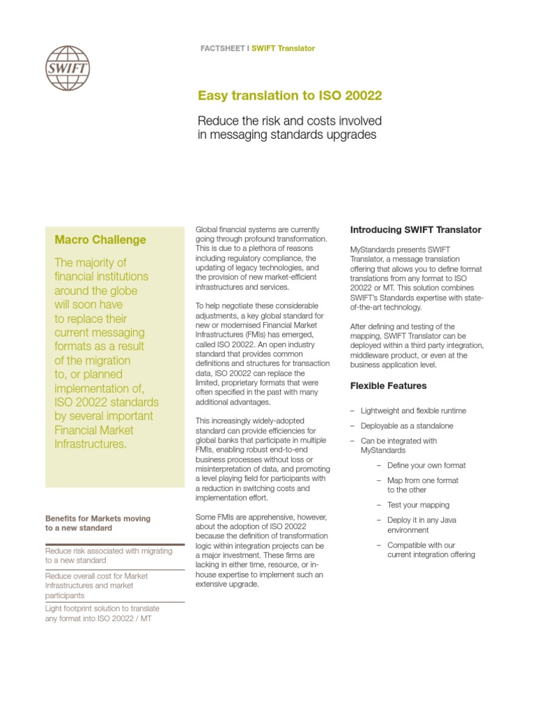 Swift Mystandards Translator Factsheet | PDF | Standardization | Risk