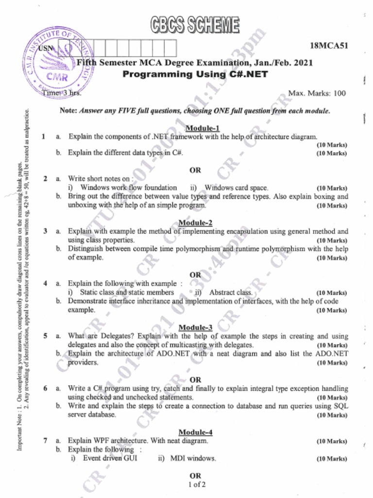 VTU Question Paper of 18MCA51 Programming Using C# .Net Jan-2021 | PDF