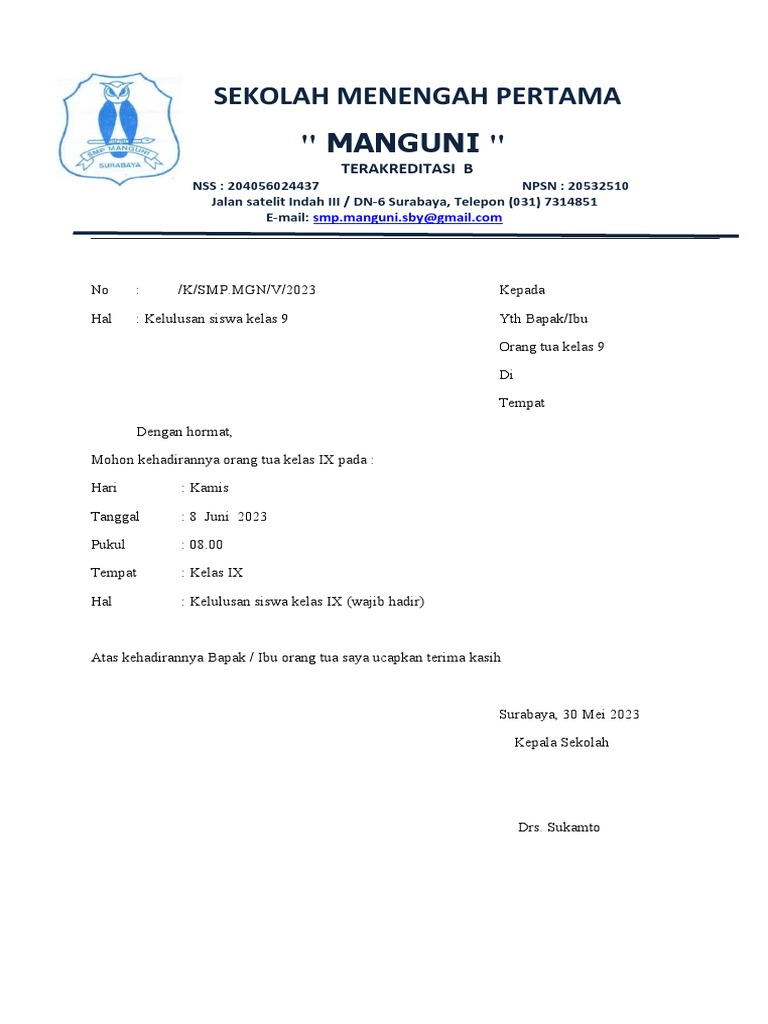 Surat Undangan Kelulusan Kelas 9 | PDF