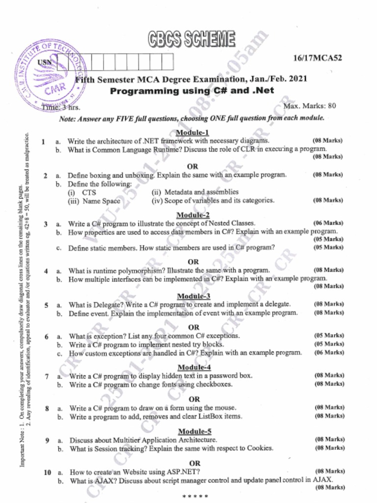 VTU Question Paper of 16-17MCA52 Programming Using C# and .Net Jan-2021 ...