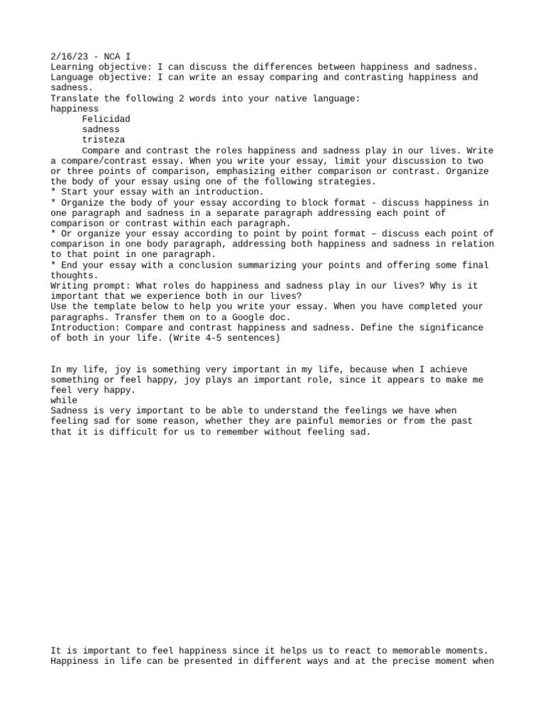Happiness - Sadness Essay | PDF | Feeling | Essays