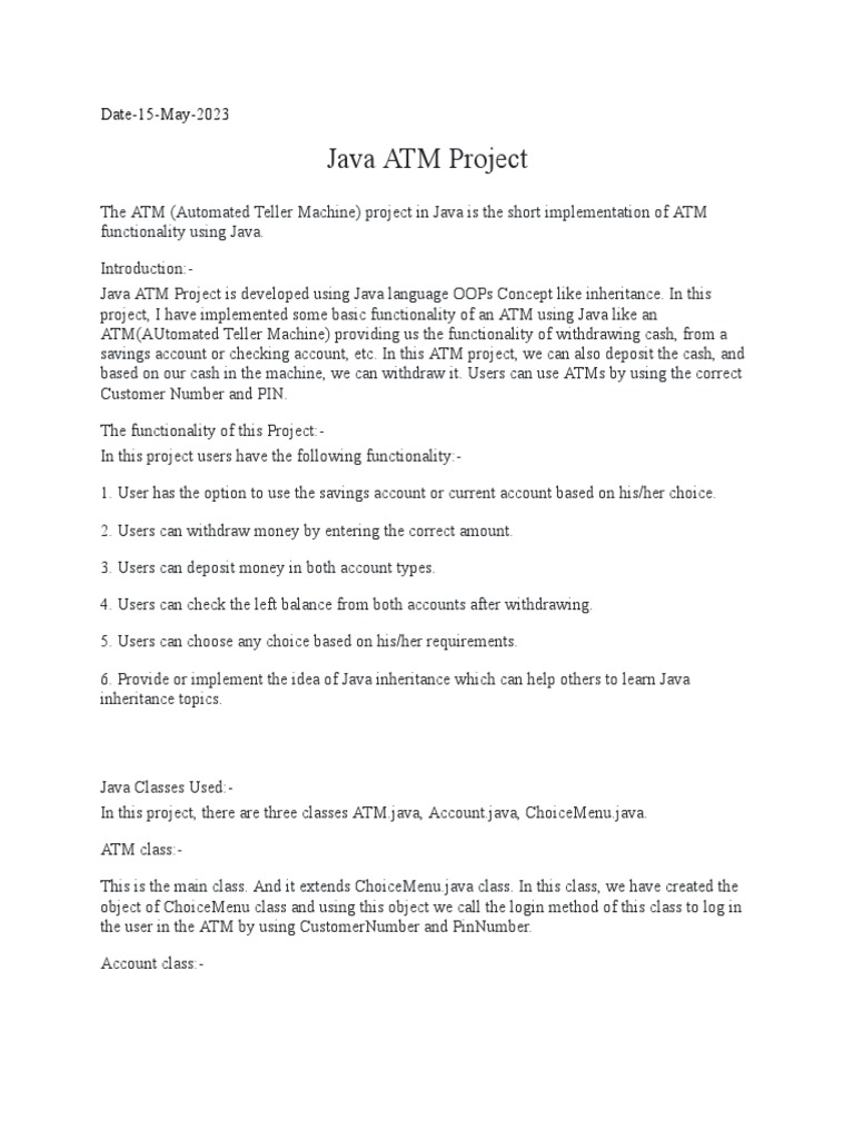 Java Atm Ptoject Pdf Automated Teller Machine Class Computer Programming 6794