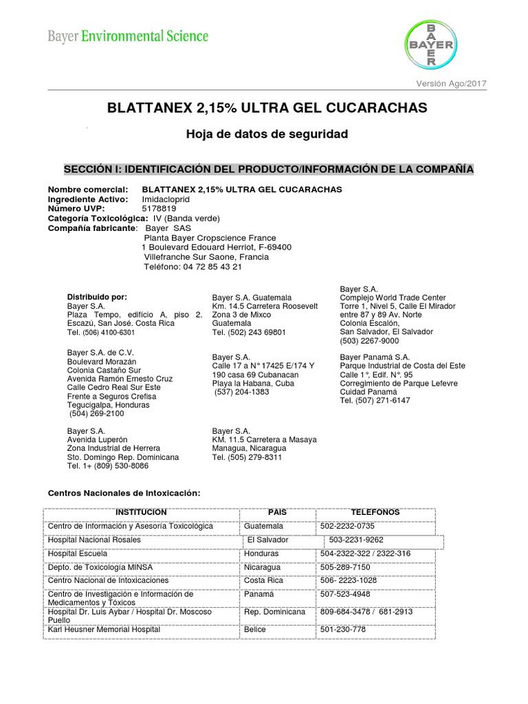 Blattanex 2,15% Ultra Gel Cucarachas MSDS 2017 | PDF | Agua | Lavado de ...