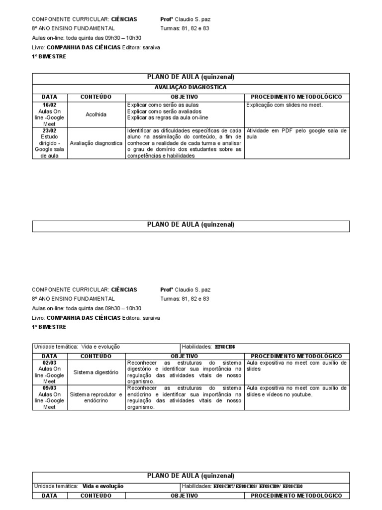Plano de Aula de Ciências 8º Ano | PDF | Anticoncepcionais | Science