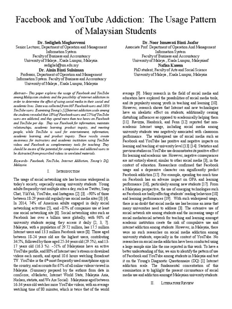 Facebook and YouTube Addiction The Usage Pattern of Malaysian Students | PDF | Social Media ...