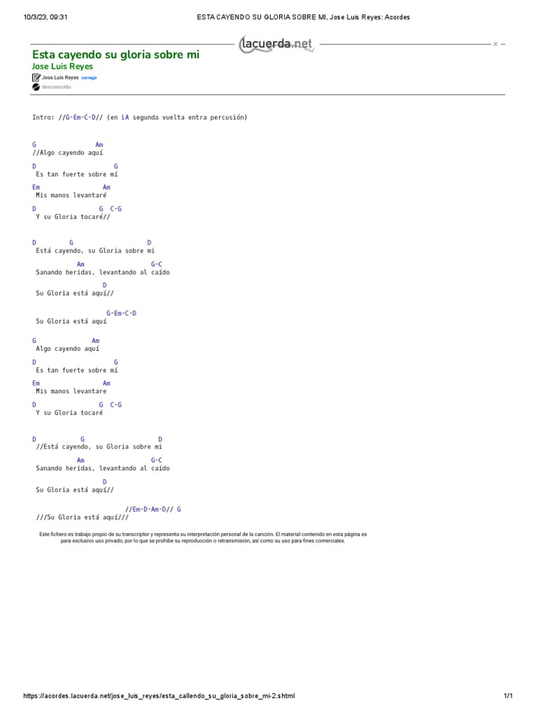 ESTA CAYENDO SU GLORIA SOBRE MI, Jose Luis Reyes_ Acordes | PDF