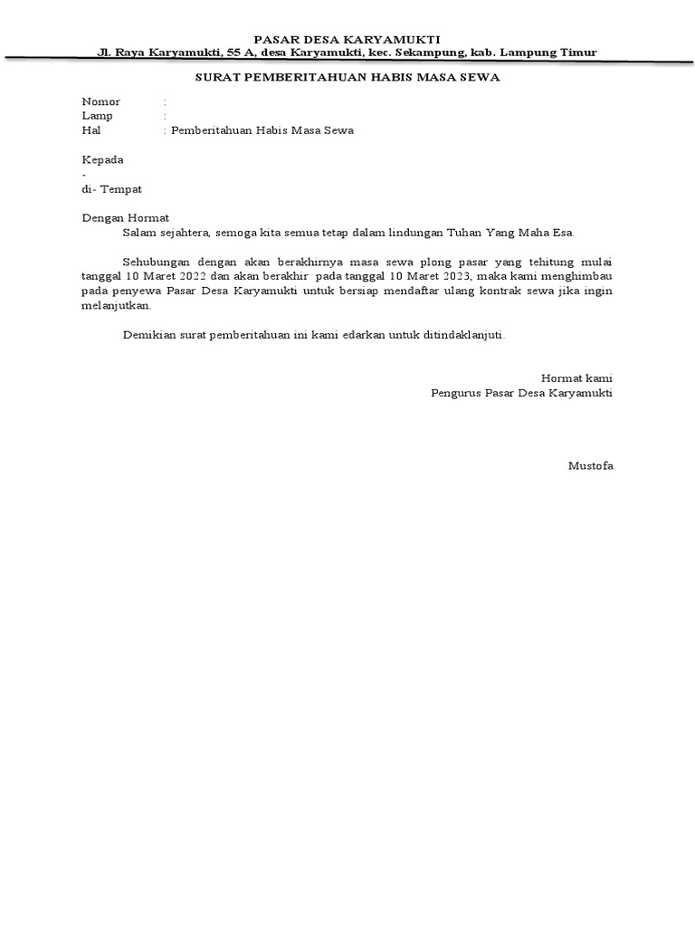 Surat Pemberitahuan Habis Masa Sewa | PDF