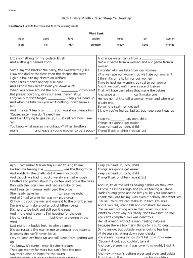 Keep Ya Head Up Lyrics Gap Fill - 3 | PDF