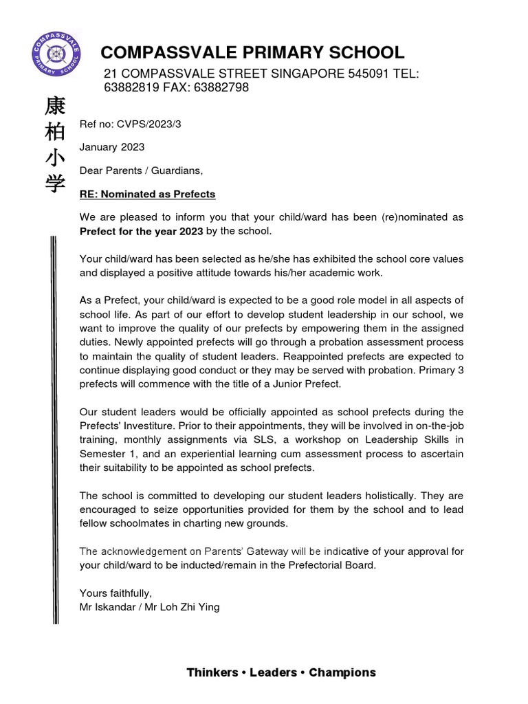 PREFECT APPOINTMENT LETTER FOR 2023 | PDF