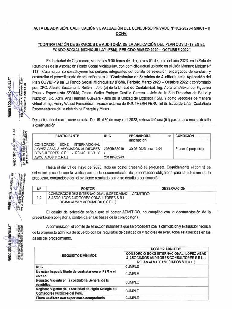 Acta de Calificación y Evaluación C.P. Nº 002-2023-FSM-CI-II CONV. | PDF