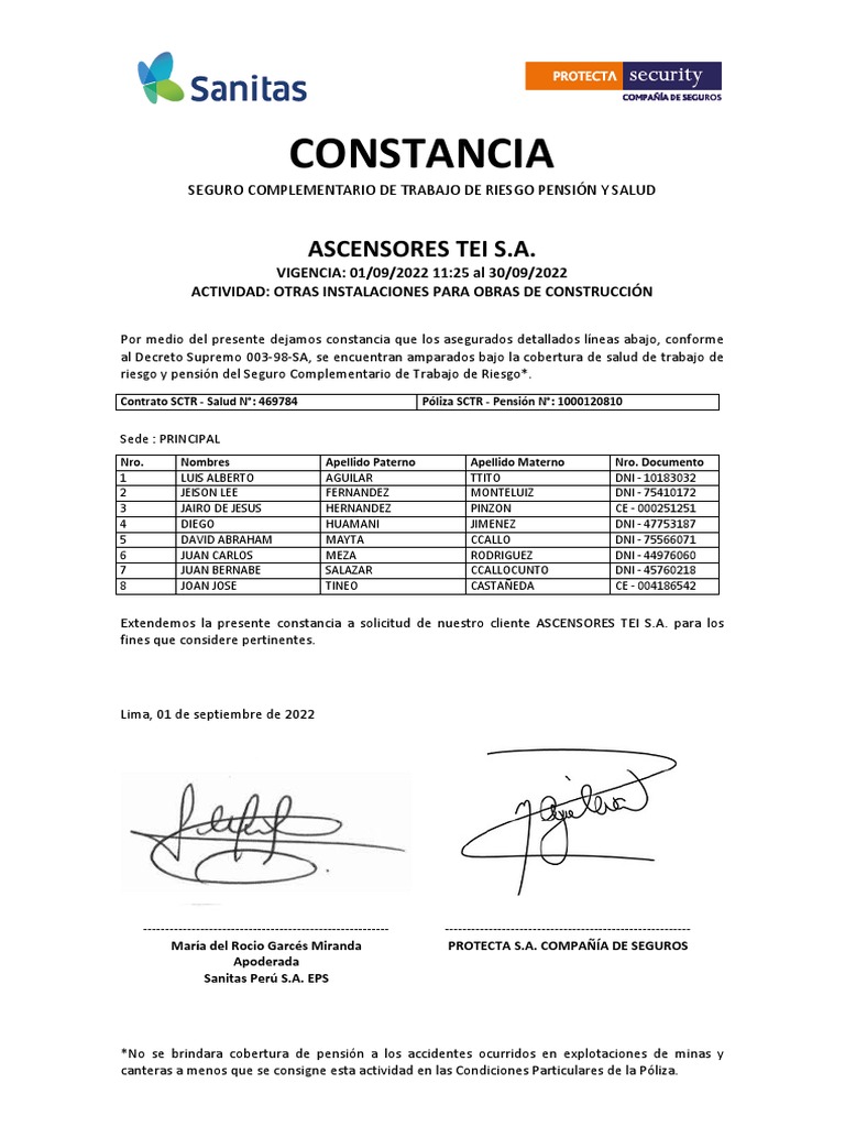 Constancia - Ascensores Tei (4) Setiembre | PDF