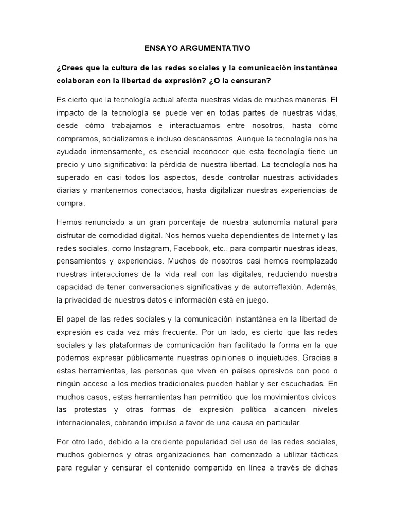 Ensayo Argumentativo | PDF | Servicio de redes sociales | Internet
