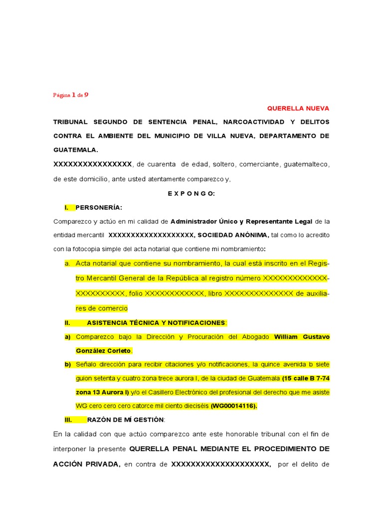Ejemplo de Querella | PDF | Derecho penal | Intención (Derecho Penal)
