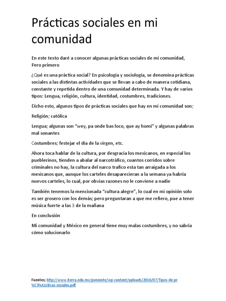 En Este Texto Daré A Conocer Algunas Prácticas Sociales de Mi Comunidad ...