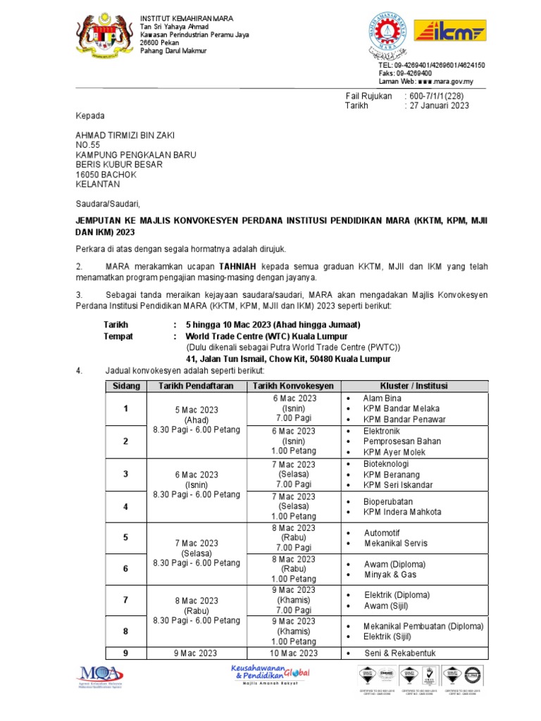 Surat Makluman Konvokesyen Kepada Graduan JJ22 DCS 228-244 | PDF