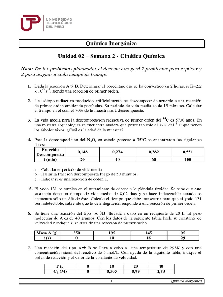 Unidad 02_Sem 02_Cinetica Quimica (Ejercicios propuestos) | PDF | Química | Cinética química