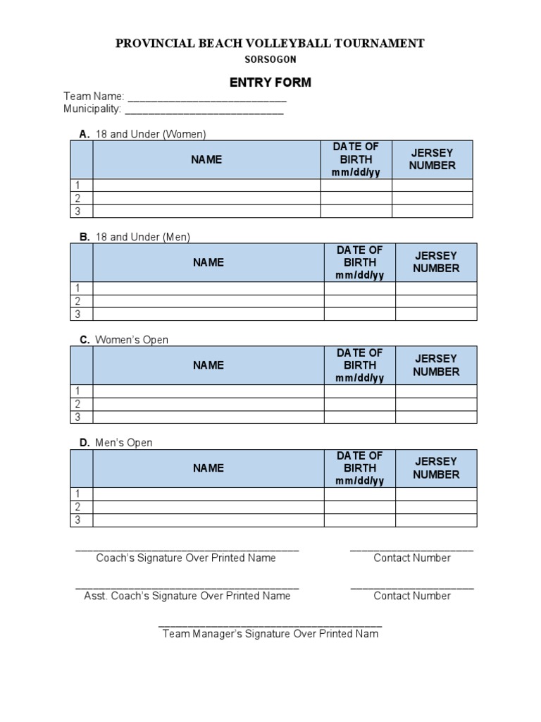 Sorsogon Volleyball Entry Form | PDF