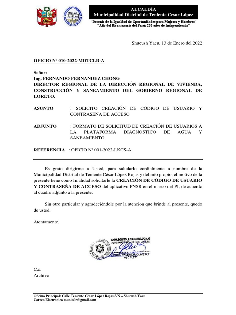 Oficio #001 Codigo y Clave de Usuario - Alcaldia | PDF