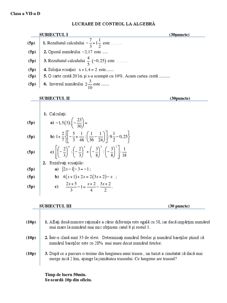 Test NR Rationale Cu Ecuatii CL 7 | PDF