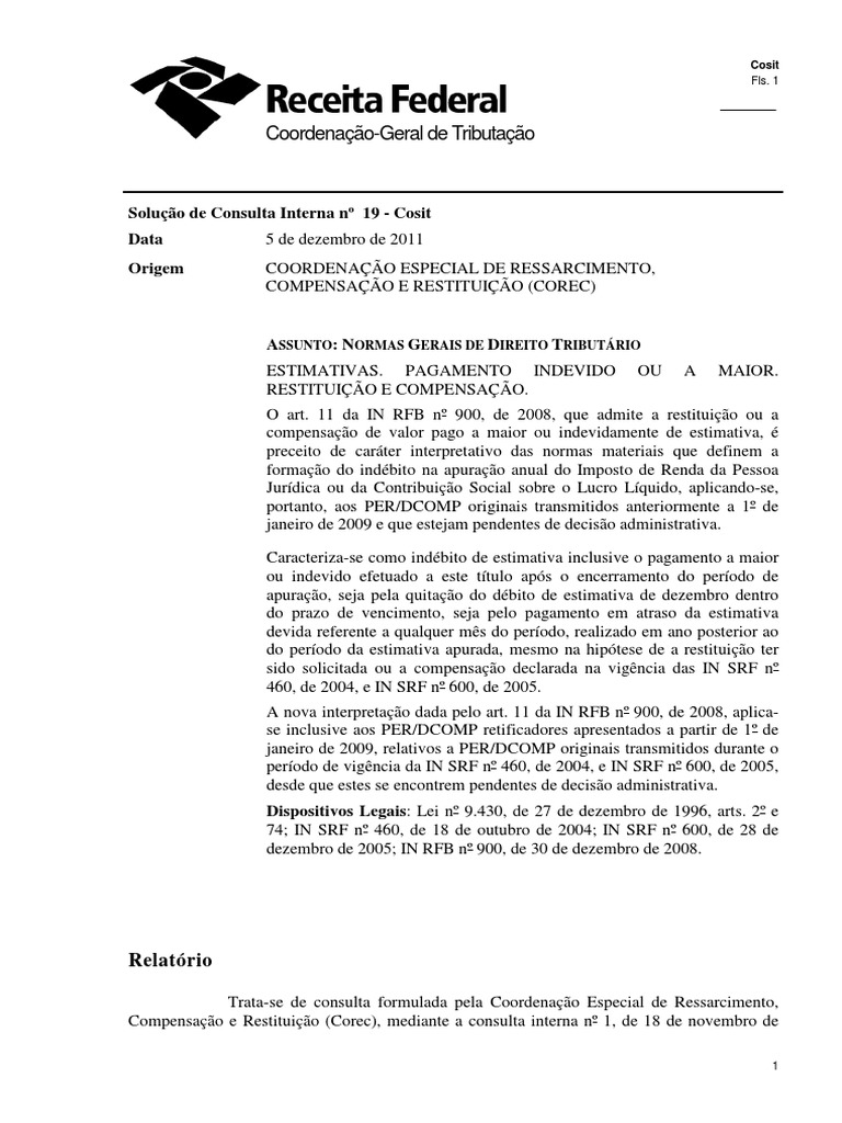 Solucao de Consulta Interna Cosit N 19-2011 | PDF
